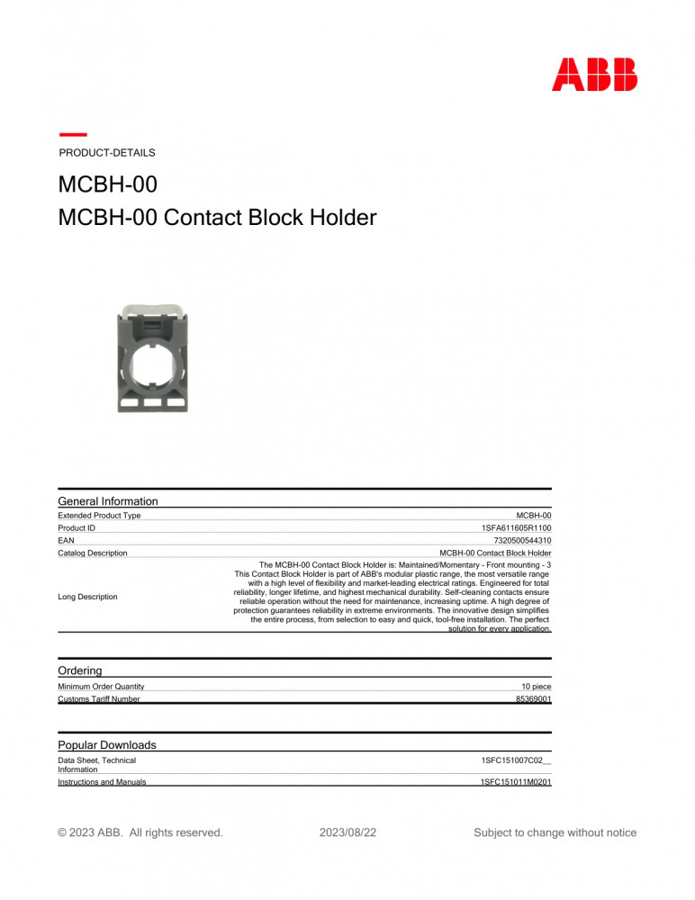 ABB MCBH-00 technical document page 1