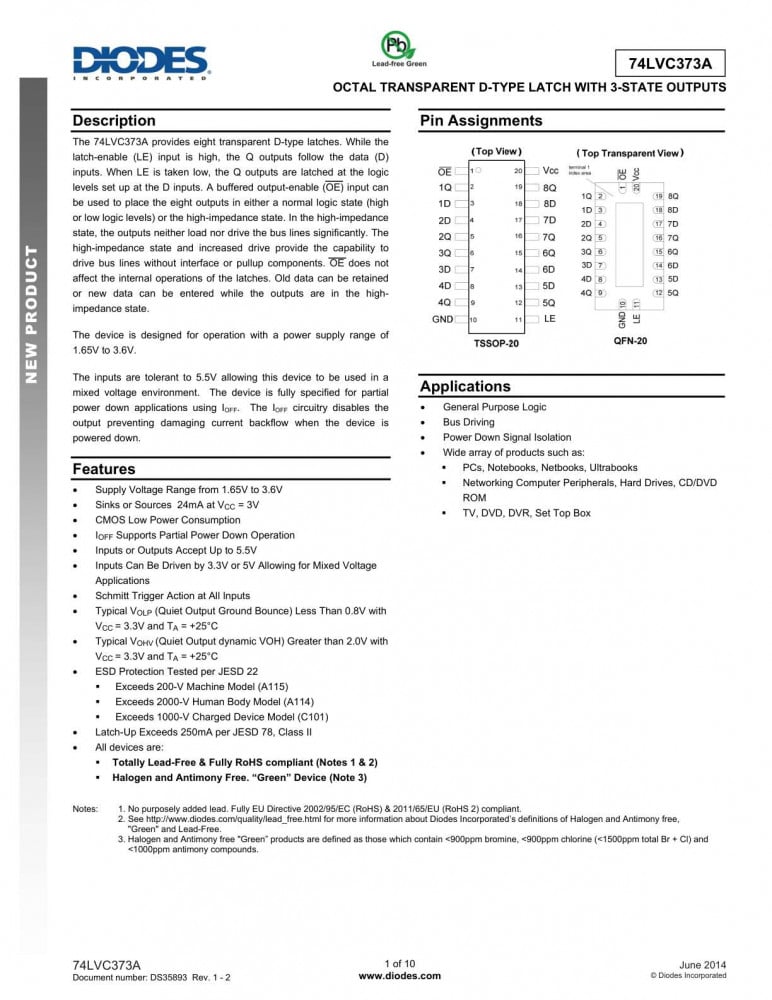 74LVC373AT20-13 datasheet page 1