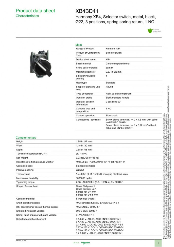 XB4BD41 technical document page 1