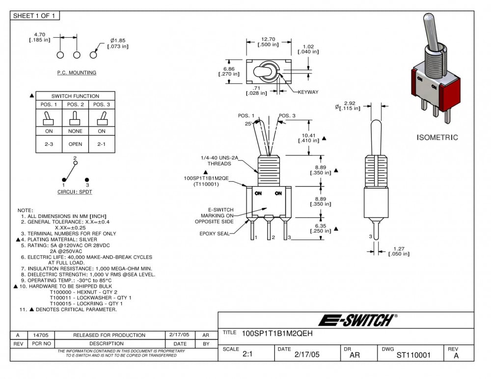 E-Switch 100SP1T1B1M2QEH technical drawing