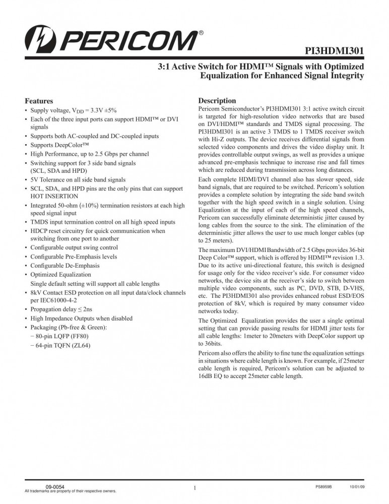PI3HDMI301FFEX datasheet page 1