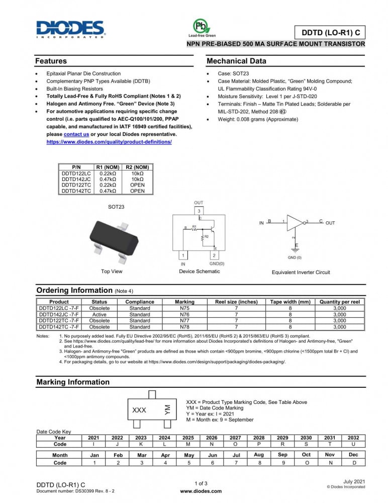 DDTD142TC-7 datasheet page 1
