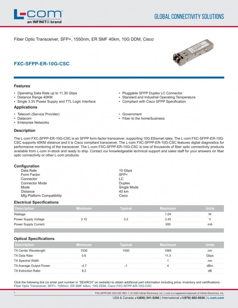 FXC-SFPP-ER-10G-CSC datasheet page 1
