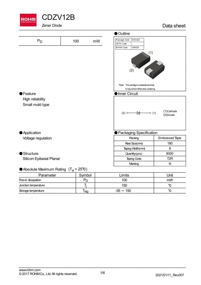ROHM CDZVT2R12B datasheet page 1
