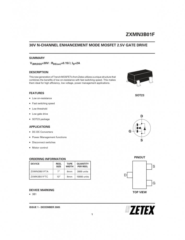 ZXMN3B01FTA datasheet page 1