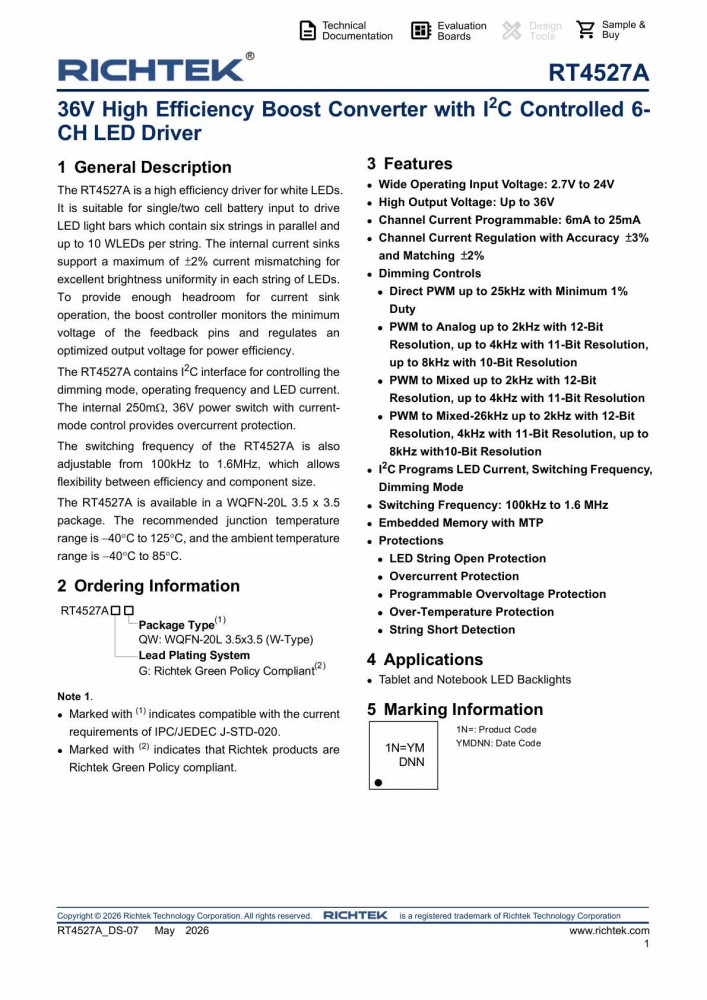 RT4527A technical document page 1
