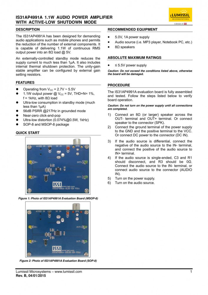IS31AP4991A-SLS2-EB technical document page 1