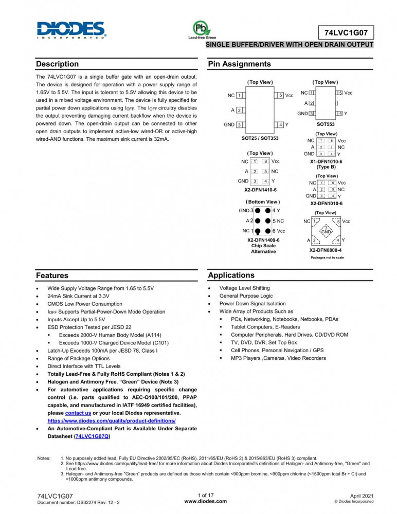 74LVC1G07Z-7 datasheet page 1