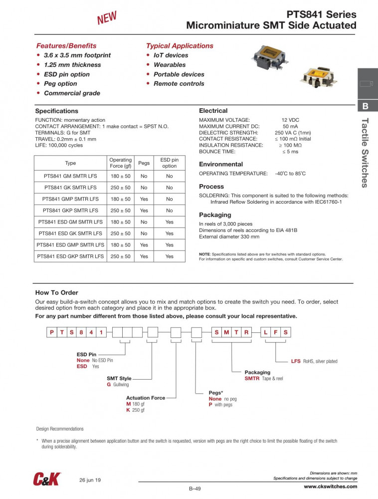 C&K PTS841 series technical drawing page 1