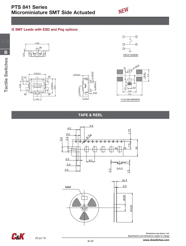 C&K PTS841 series technical drawing page 2