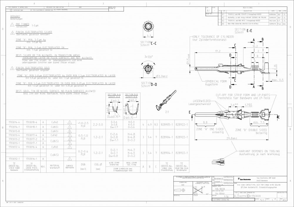 TE Connectivity AMP drawing reference for terminal family including 1703014-1