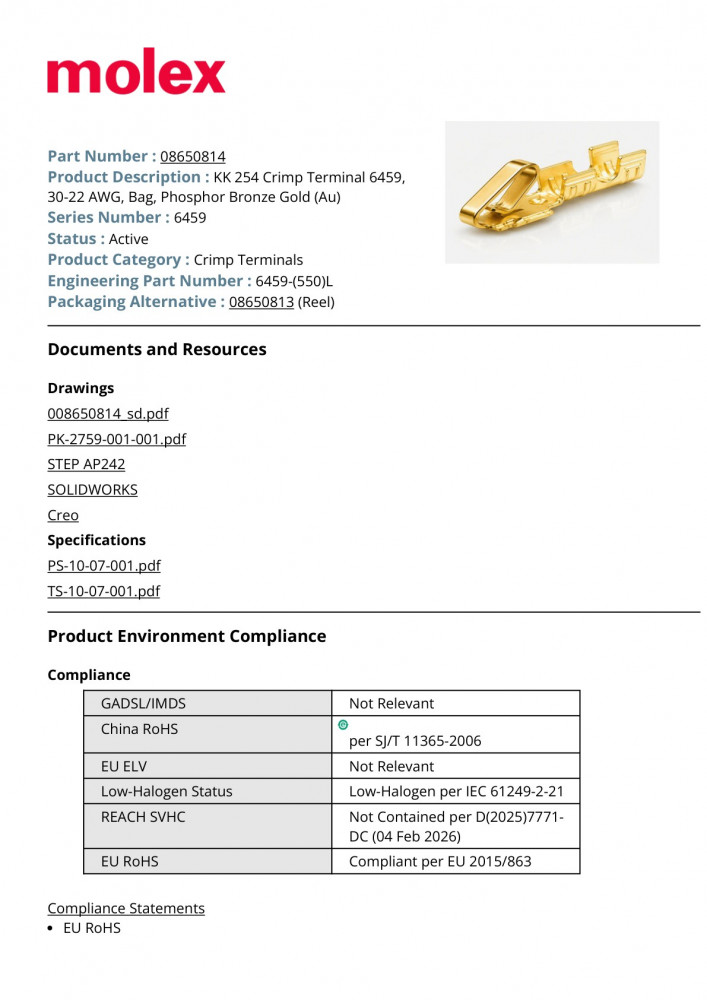 Molex KK 254 product specification page 1