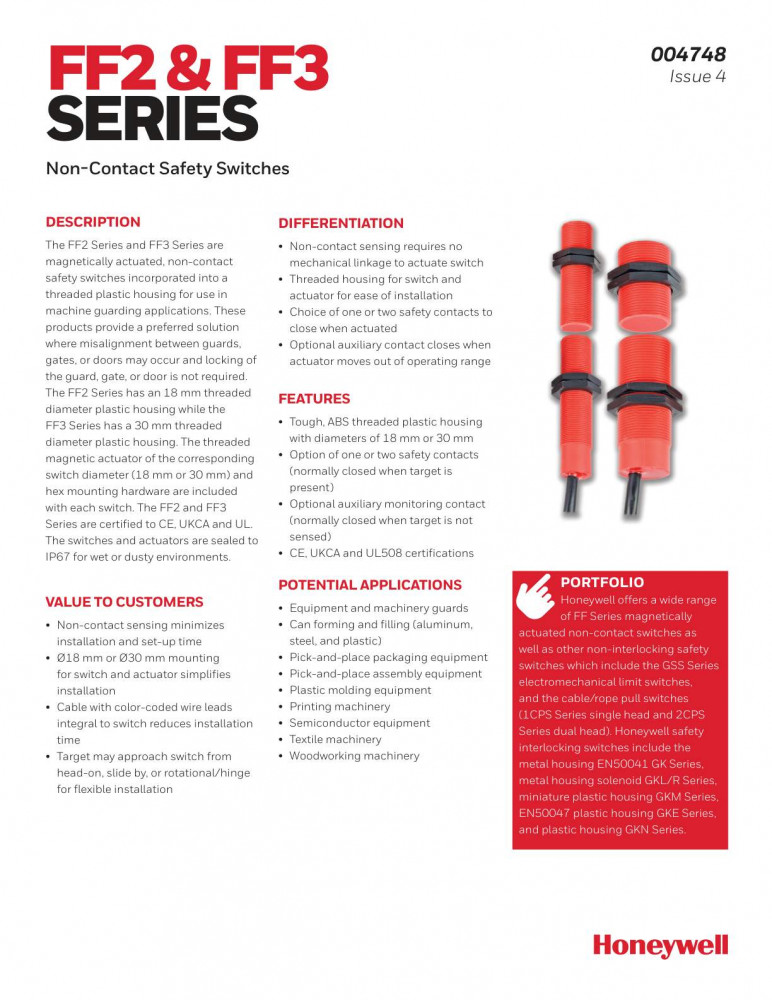 Honeywell FF2 and FF3 series product documentation page 1