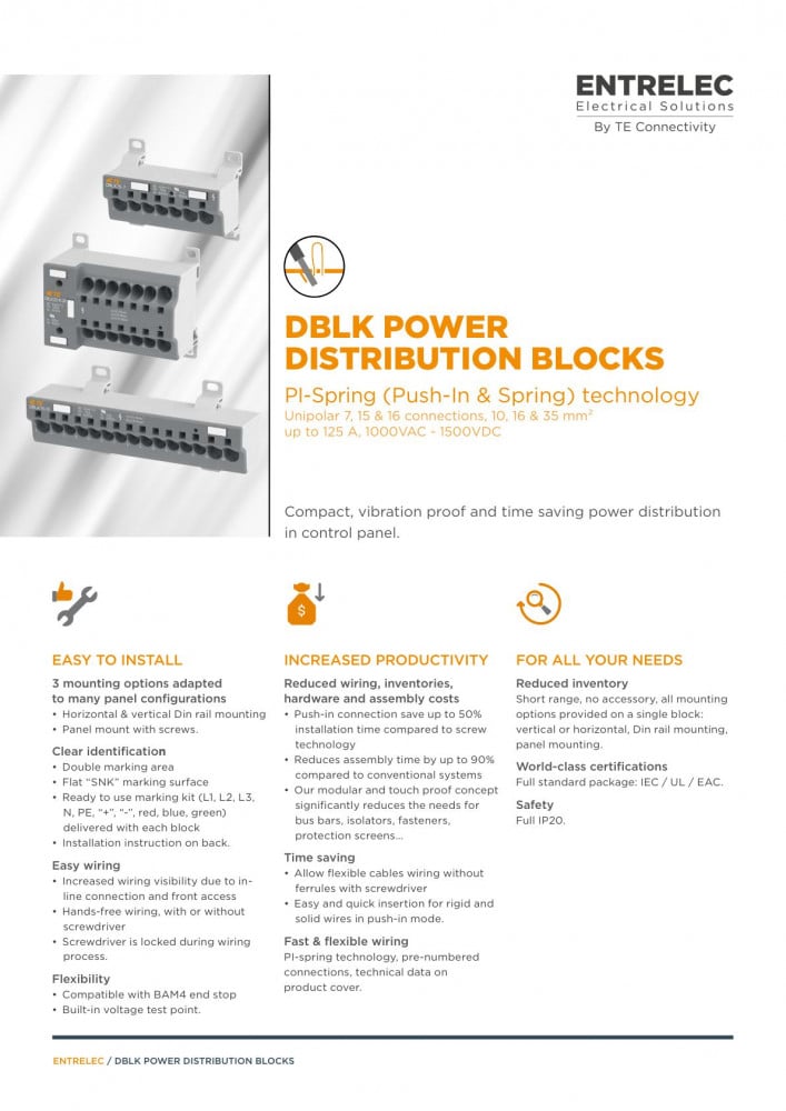 TE Connectivity DBLK power distribution blocks brochure page 1