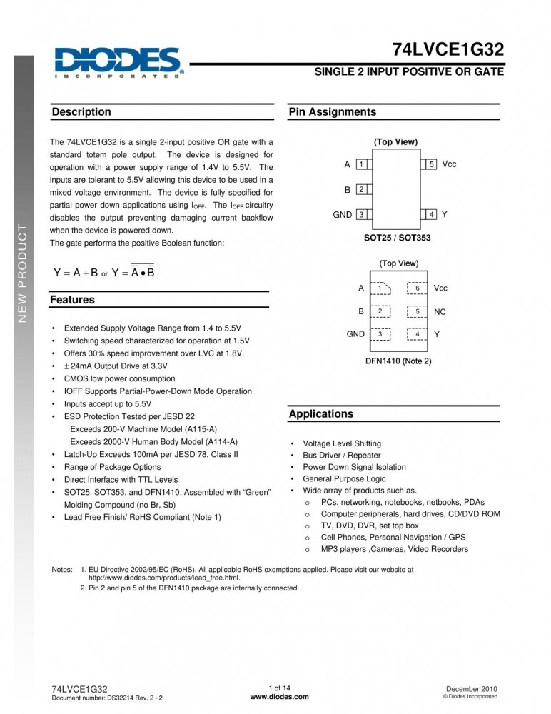 74LVCE1G32W5-7 datasheet page 1