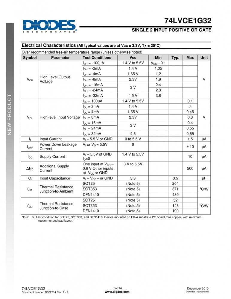 74LVCE1G32W5-7 datasheet page 5
