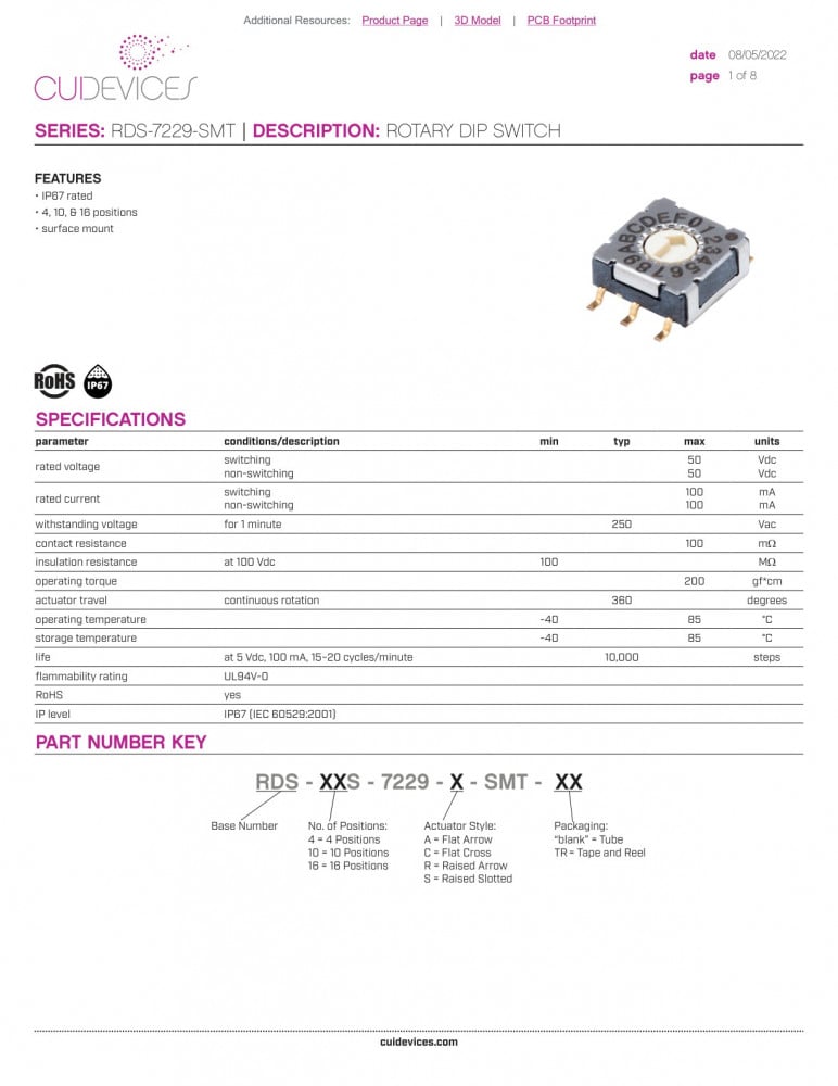 CUI RDS-16S-7229-R-SMT datasheet page 1