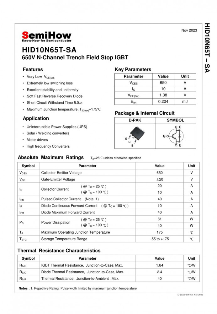 HID10N65T-SA datasheet page 1