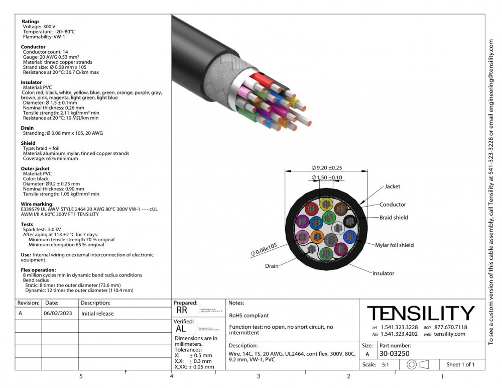 Technical drawing for Tensility International cable model 30-03250