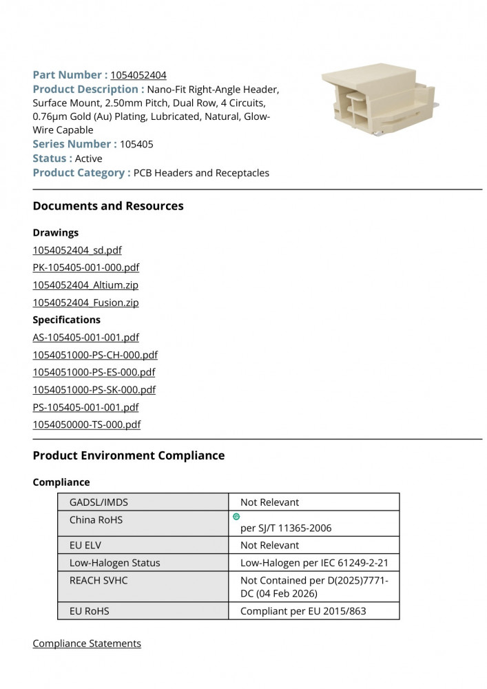 MOLEX Nano-Fit 105405 specification page 1