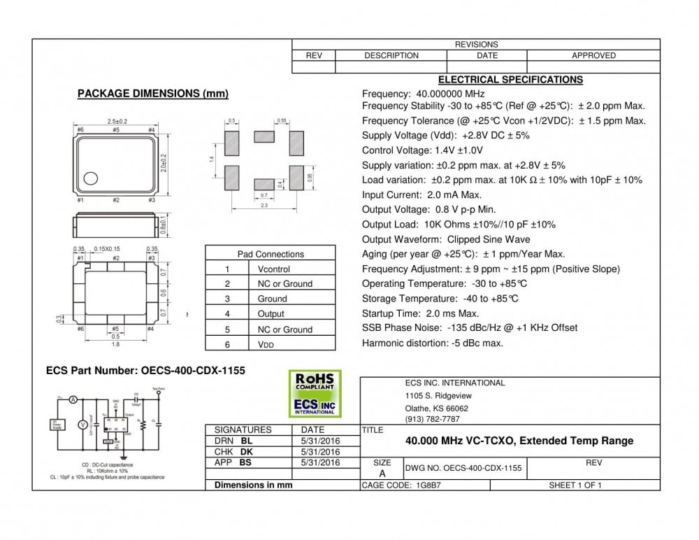 OECS-400-CDX-1155 official package and electrical specification drawing