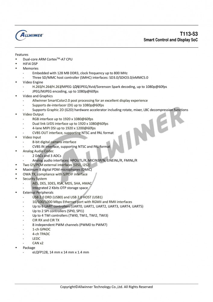 T113-S3 datasheet page 1