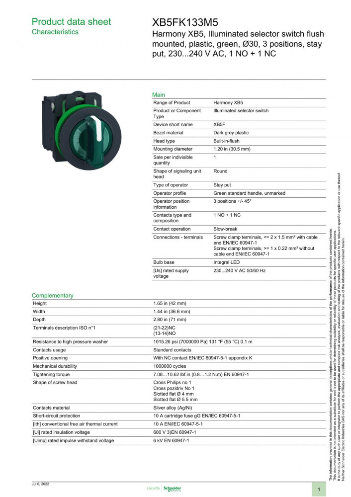 XB5FK133M5 technical document page 1