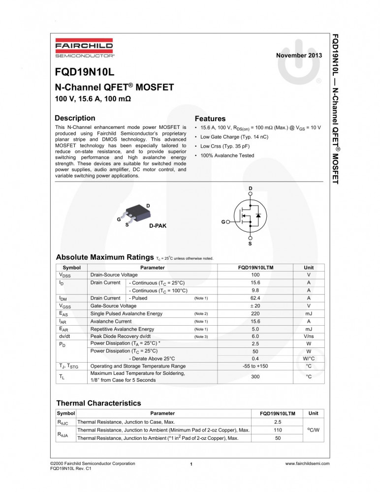 FQD19N10LTM datasheet page 2