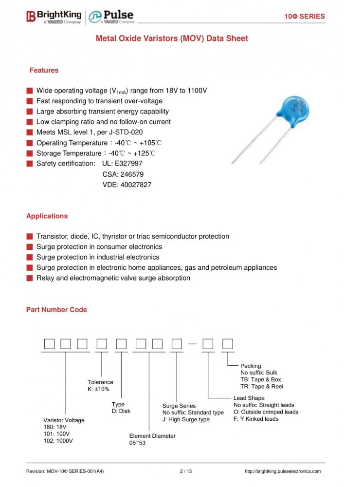BrightKing MOV datasheet page 1