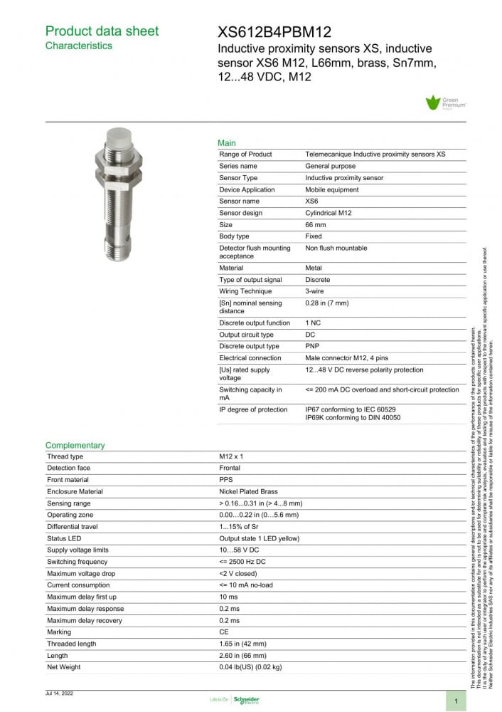 XS612B4PBM12 product documentation page 1