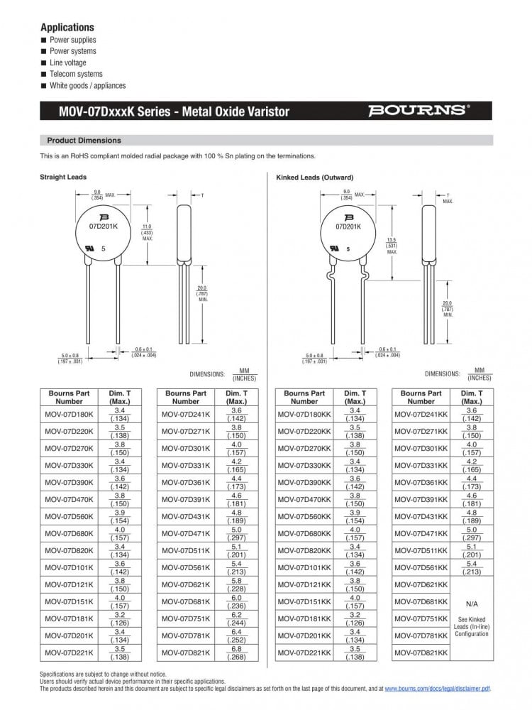 BOURNS MOV-07D391KTR datasheet page 2