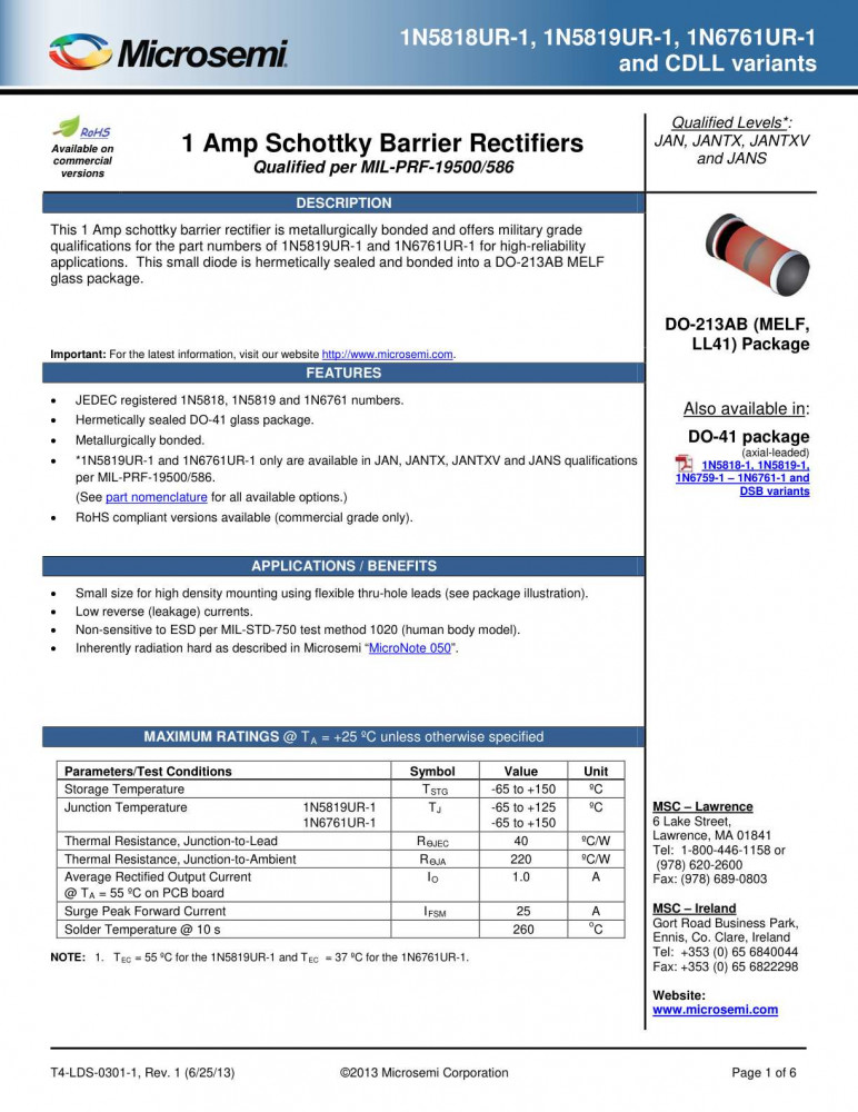JANTX1N5819UR-1 datasheet page 1