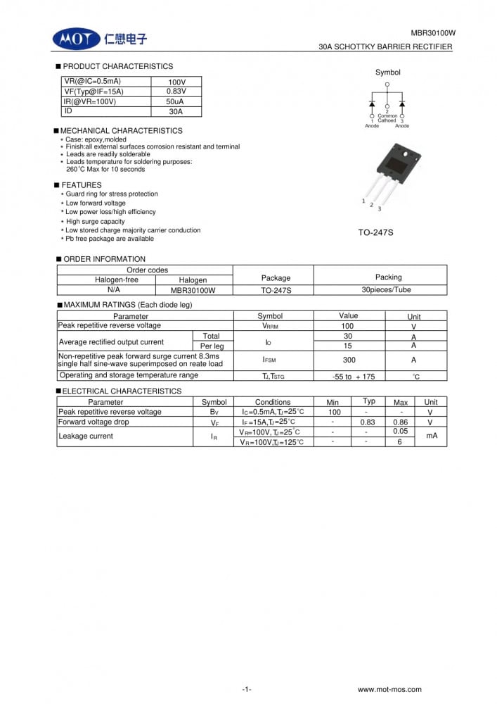 MBR30100W datasheet page 1