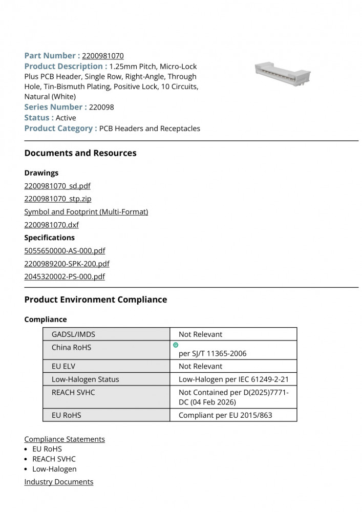 MOLEX 2200981070 technical drawing page 1