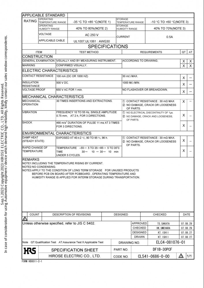 HRS DF1B-30PCF specification sheet preview