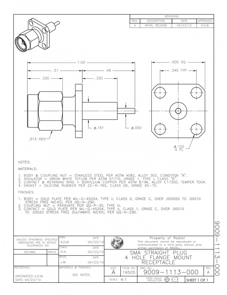 Radiall 9009-1113-000 technical drawing preview