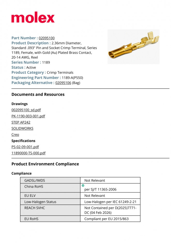 MOLEX .093 standard pin and socket connector document page 1