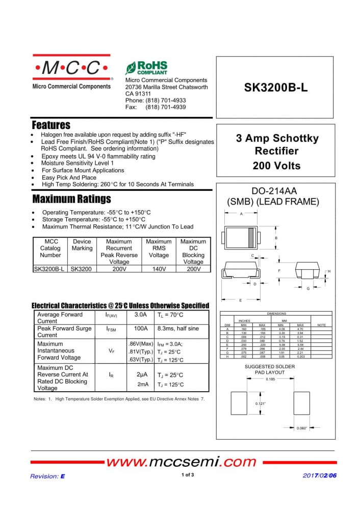 MCC SK3200B-L datasheet page 1
