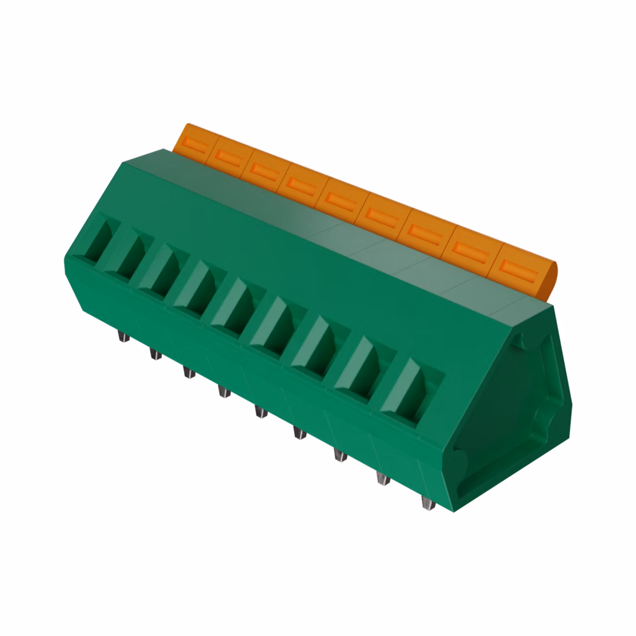 5.08mm Pitch, Eurostyle Fixed-Mount Push-Button Terminal Block, 45° Modular, 18A, 26-14 AWG, Green, 9 Circuits for sale
