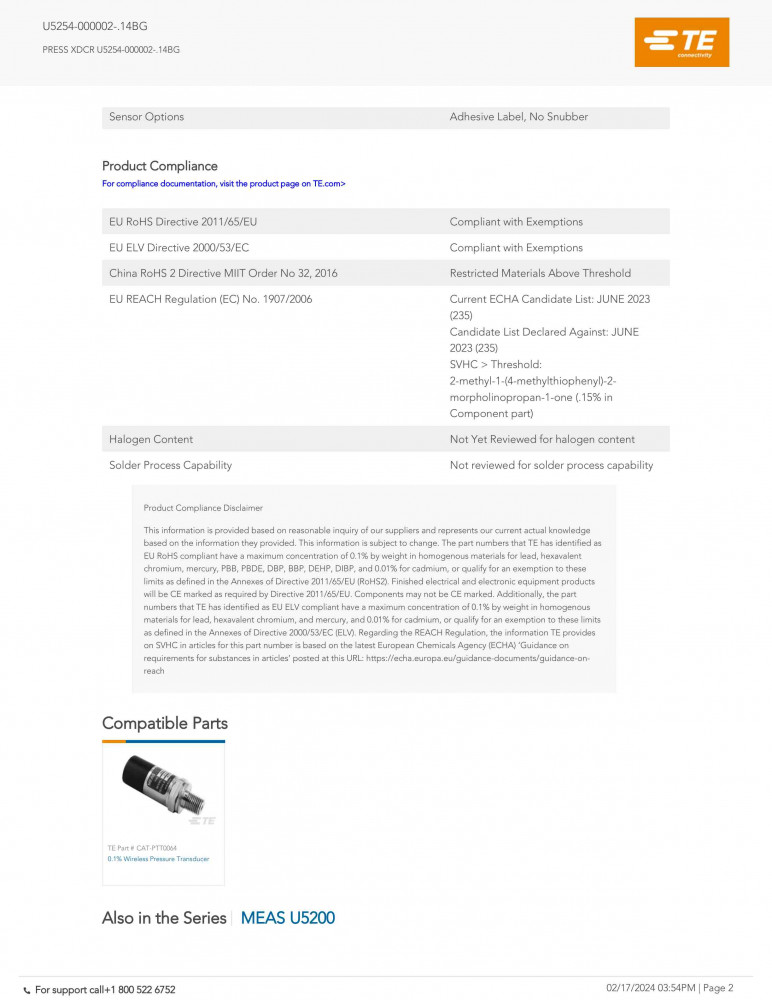 U5254 product documentation page 2