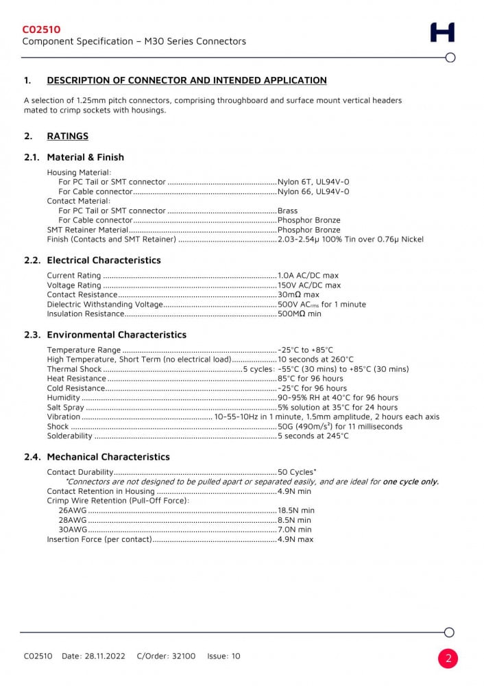 Harwin M30 Series connector specification page 2