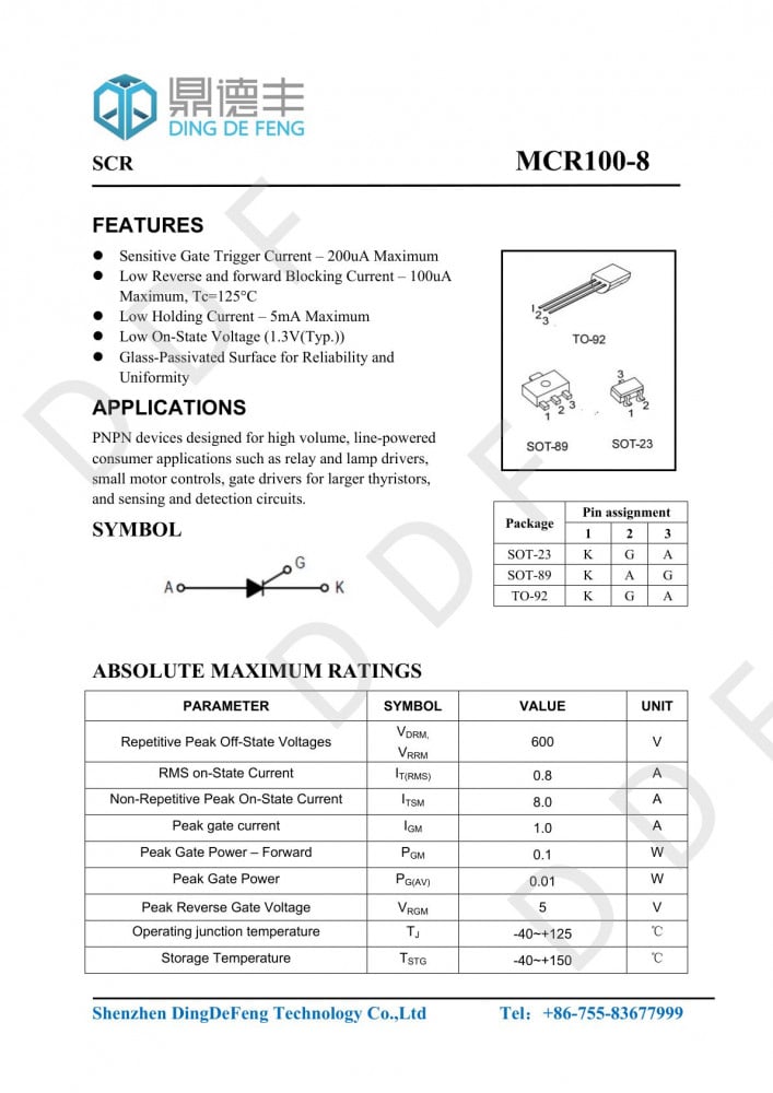 MCR100-8-TO-92 datasheet page 1