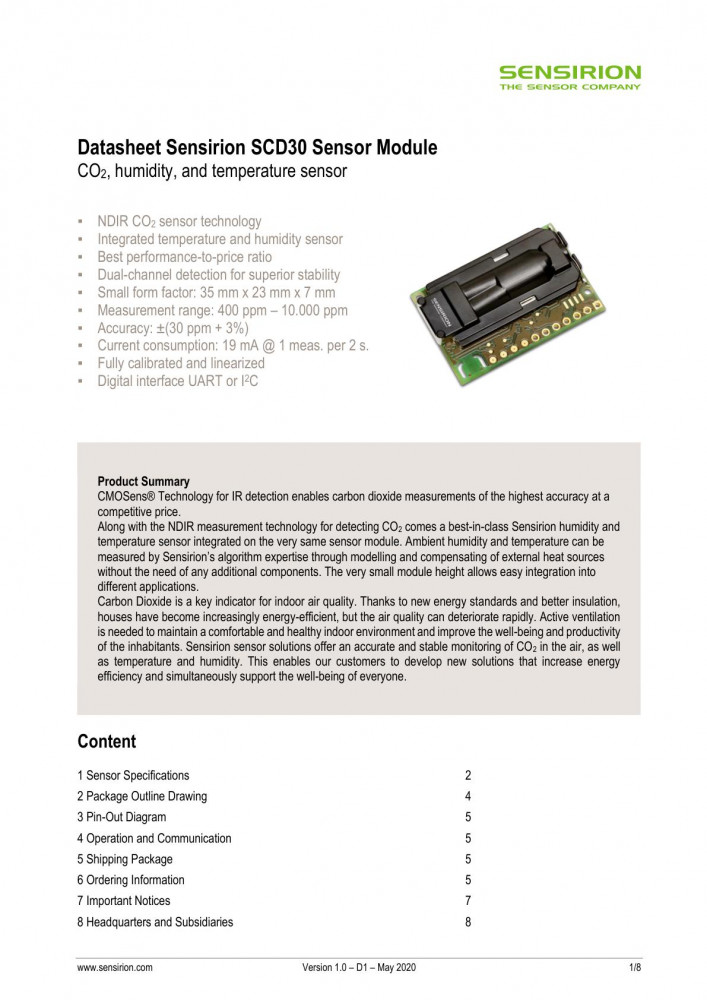 SCD30 technical document page 1