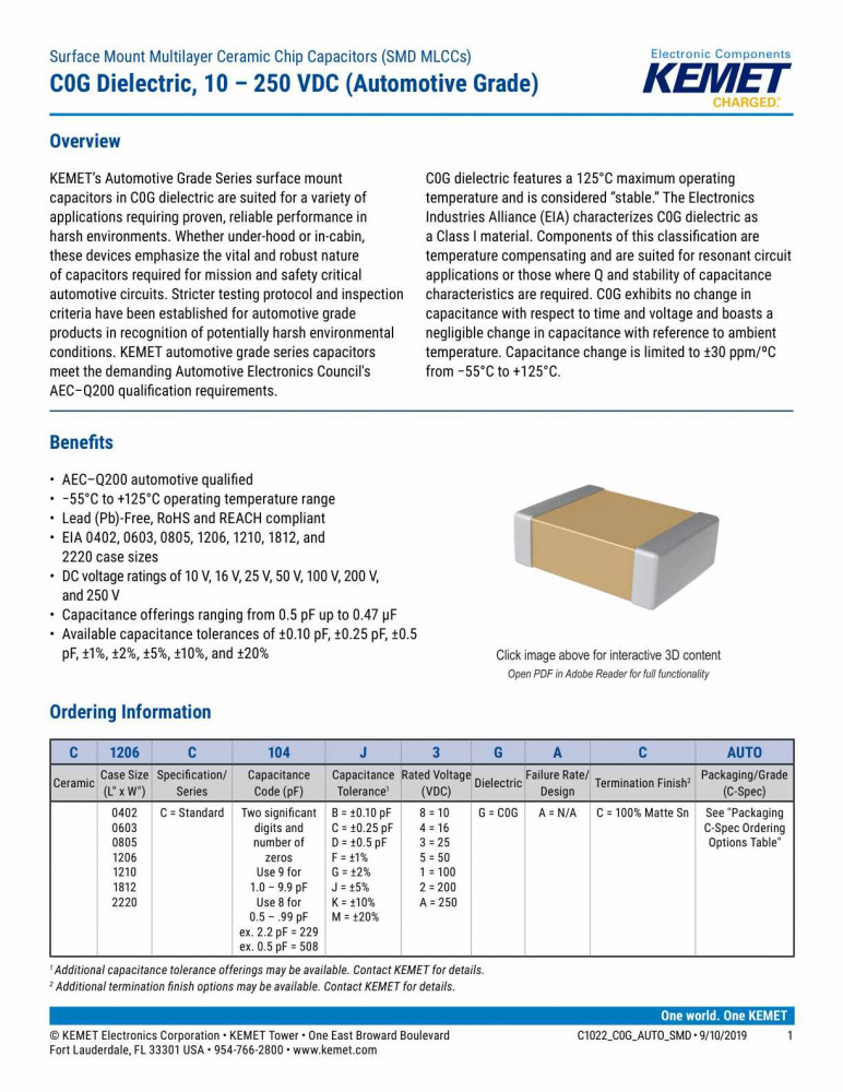 KEMET C0G automotive MLCC datasheet page 1