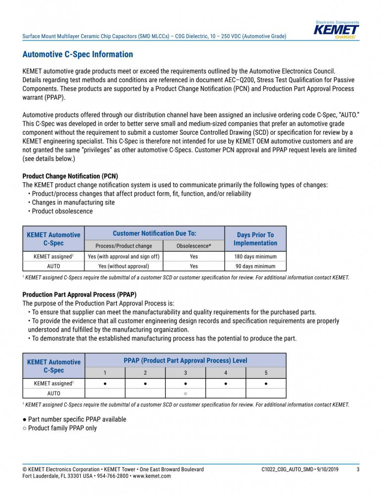 KEMET C0G automotive MLCC datasheet page 3