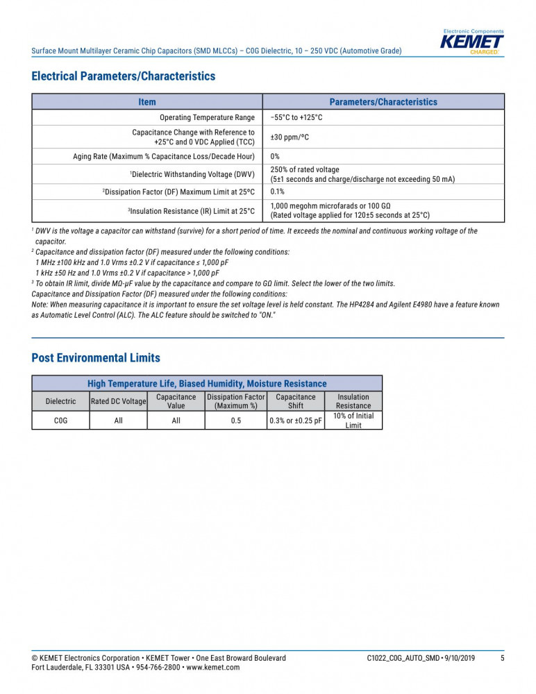 KEMET C0G automotive MLCC datasheet page 5
