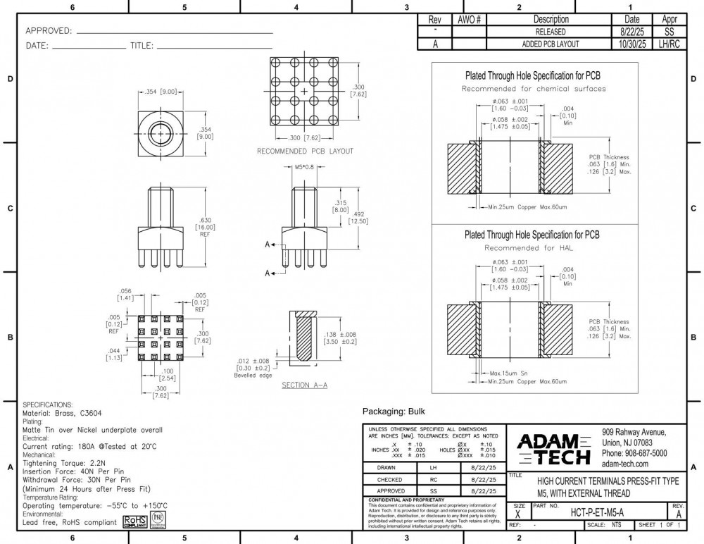 ADAM TECH HCT-P-ET-M5-A high-current M5 press-fit terminal product drawing