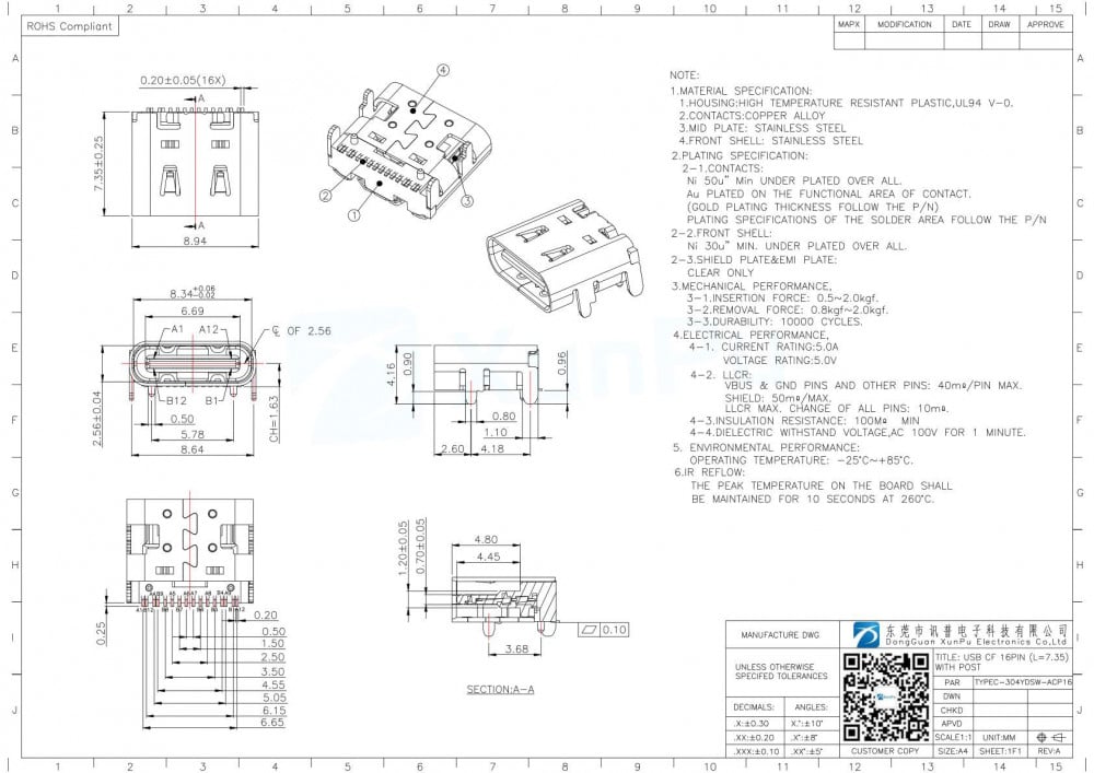 TYPEC-304YDSW-ACP16 manufacturing drawing page 1
