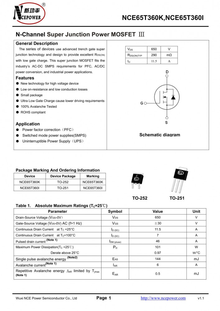 NCE65T360K datasheet page 1