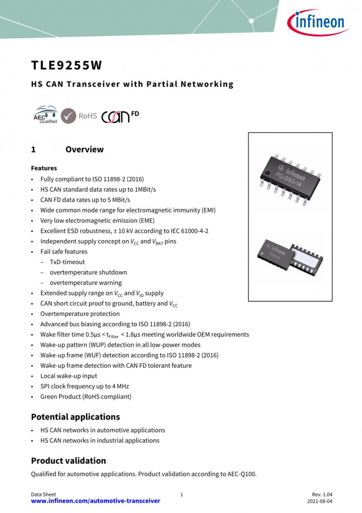 TLE9255W technical document page 1